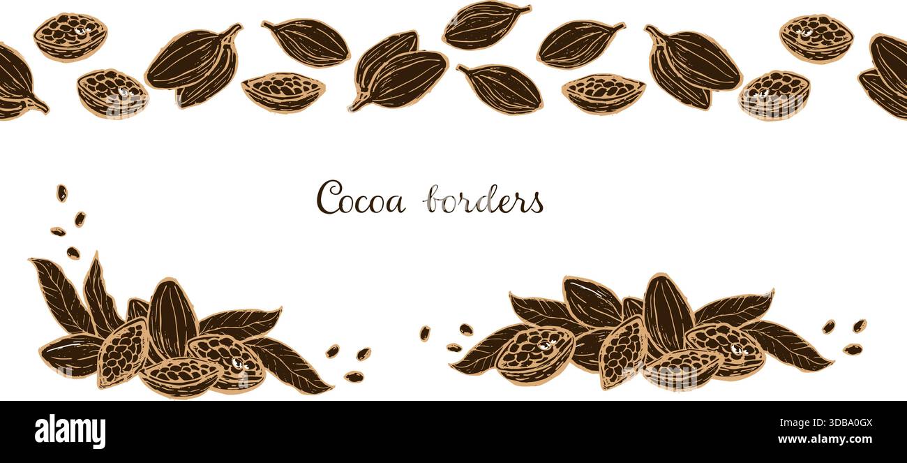 Cocoa borders set isolated. Branches and cocoa leaves, fruits, seeds in ...