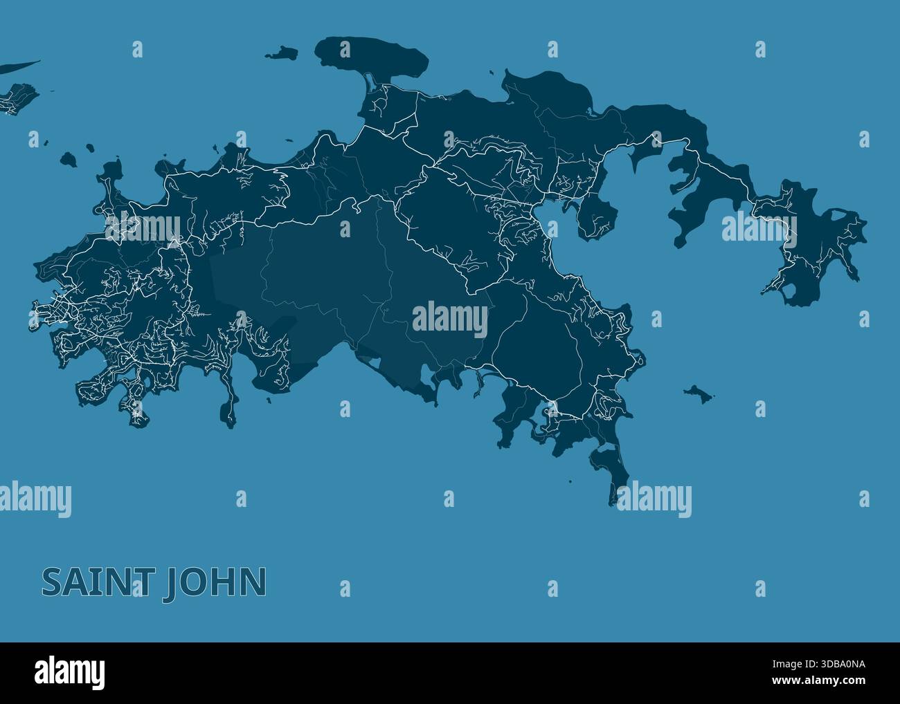 Map of Saint John Island. The island is depicted in a dark teal color ...