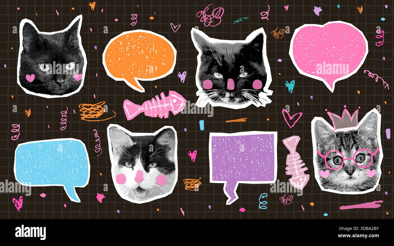 Cute vector halftone cat faces collage and doodle speech bubbles, fish ...