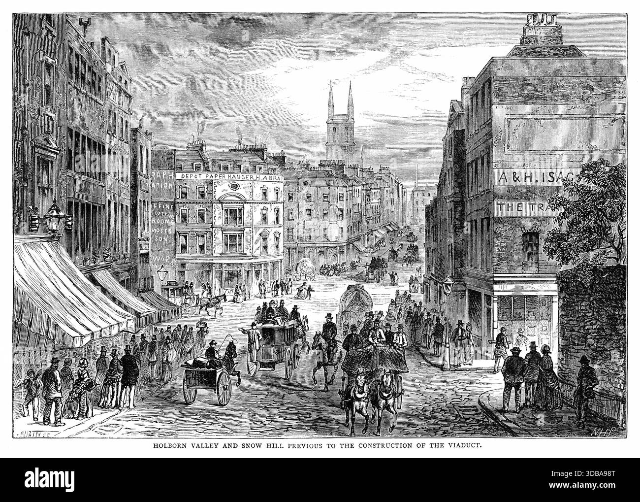 A 19th century engraving of Snow Hill, London before the construction ...