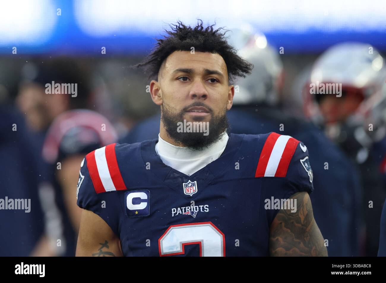 New England Patriots Harold Landry III (2) is seen on he sidelines ...