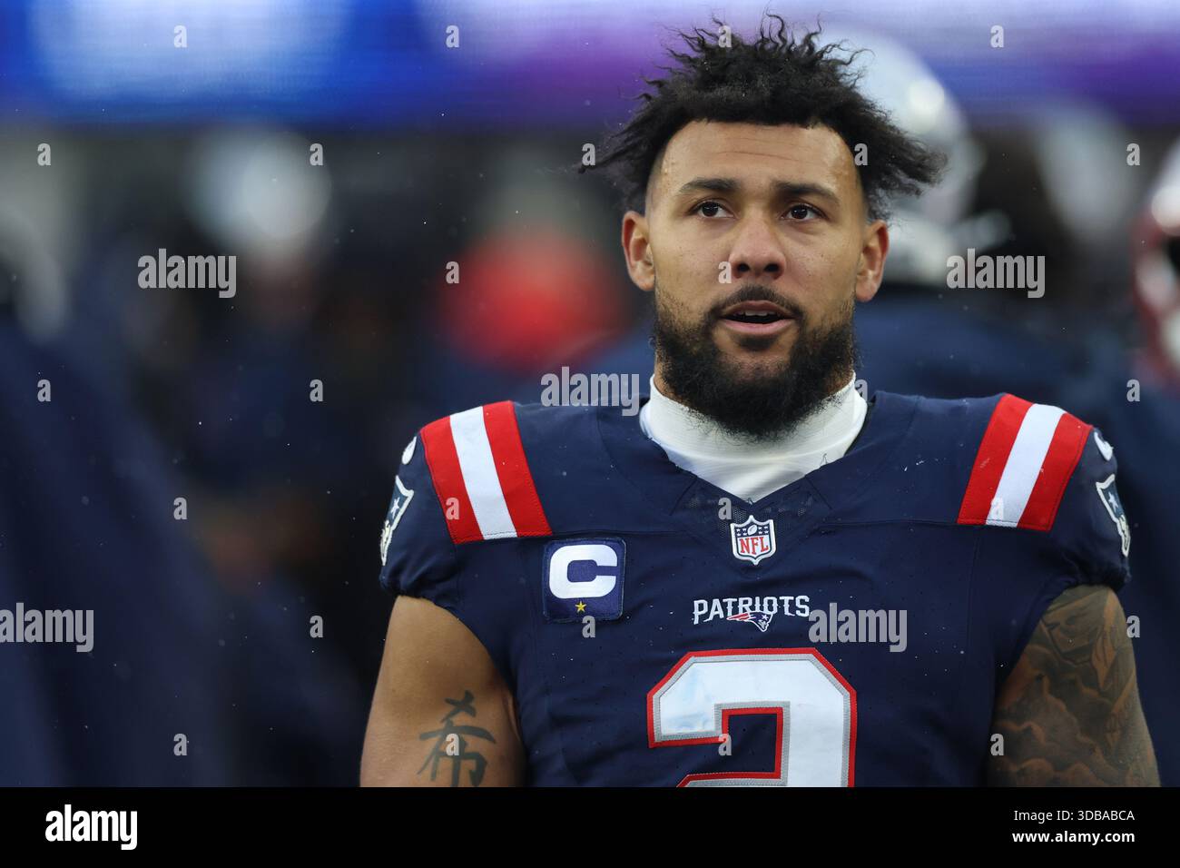 New England Patriots Harold Landry III (2) is seen on he sidelines ...