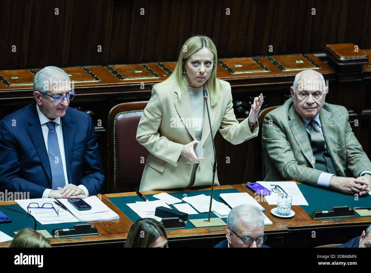 Prime Minister of Italy Giorgia Meloni, delivers her speeches in front of Parliament, flanked on ...