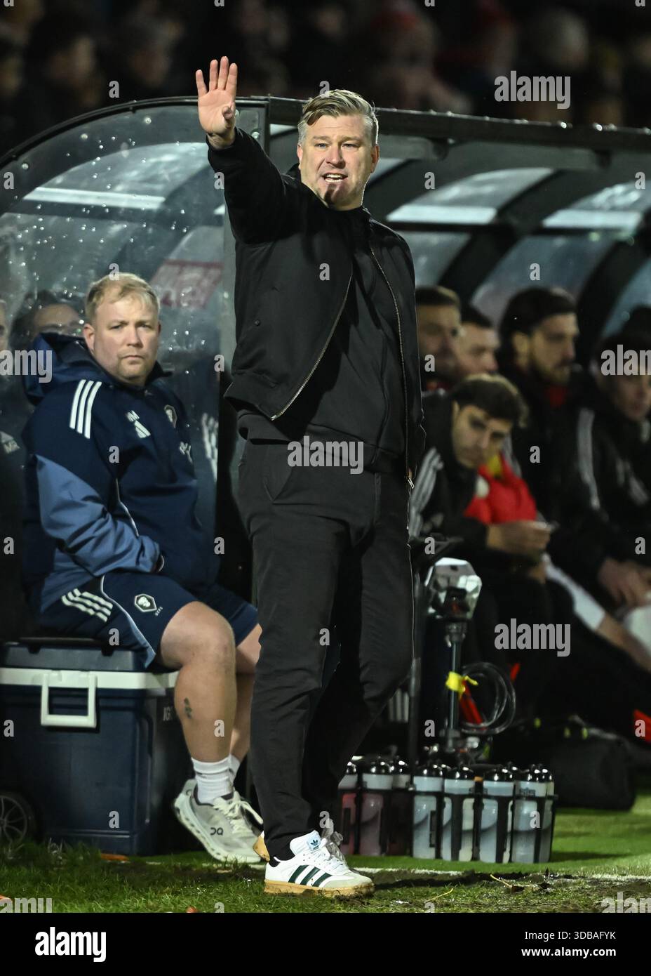 Salford City manager Karl Robinson gestures during the FA Cup 2nd Round ...