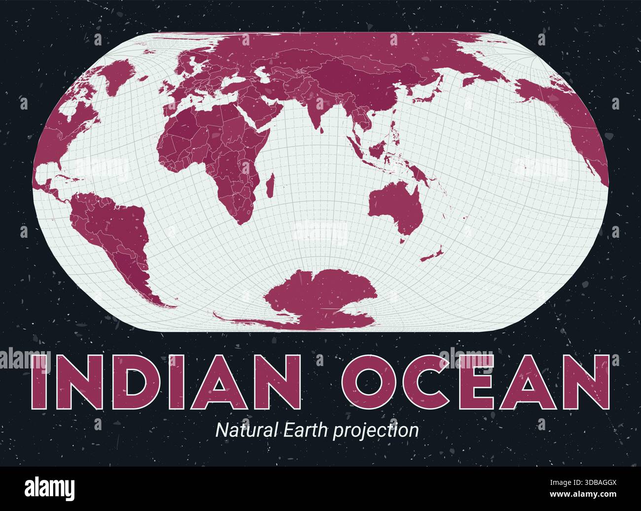 Indian Ocean. World map. Natural Earth projection centered to Indian ...