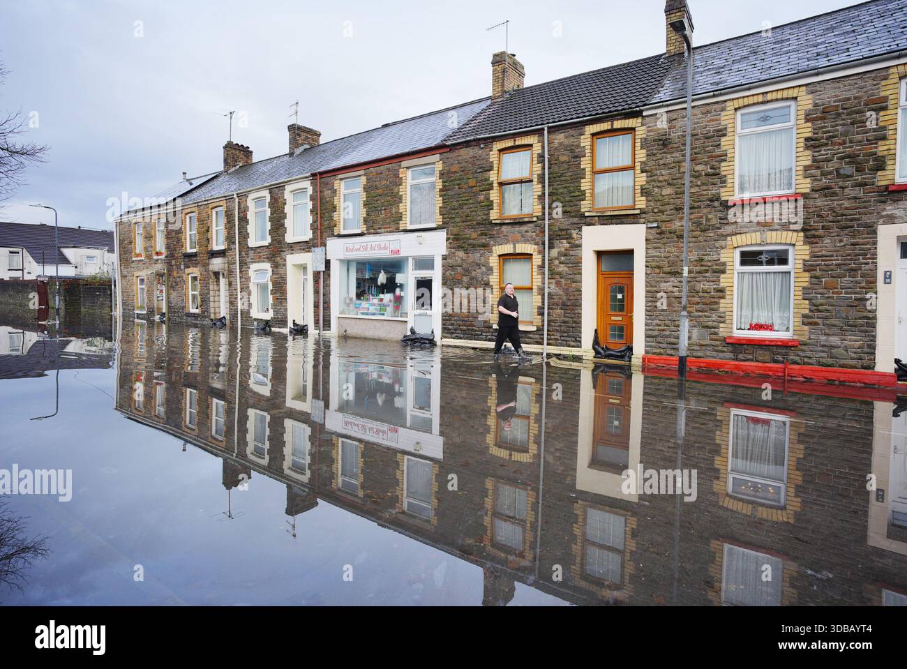 Flood water on Hunter Street in Briton Ferry, Neath. An amber rain ...