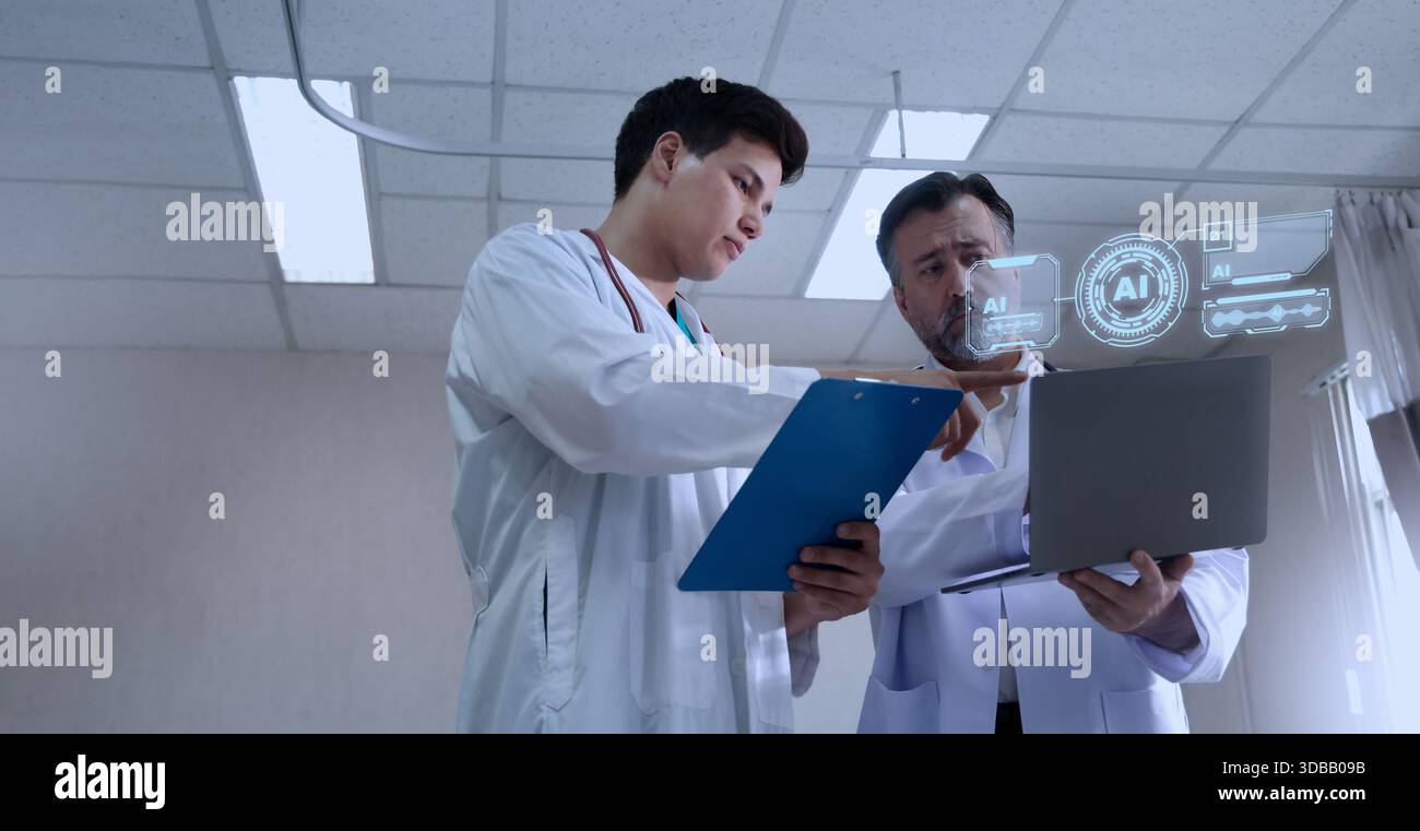Using AI. Doctors collaborating and using futuristic AI holographic ...