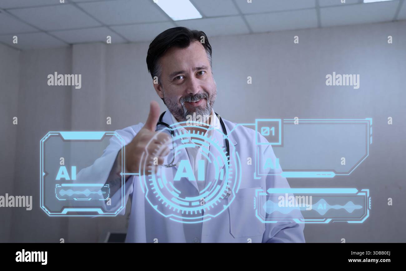 Using AI. Doctors collaborating and using futuristic AI holographic ...