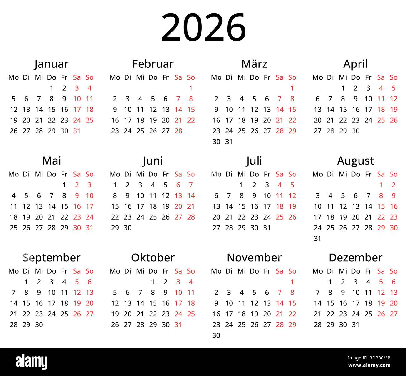 German calendar for 2026. year isolated illustrations for Germany Stock ...