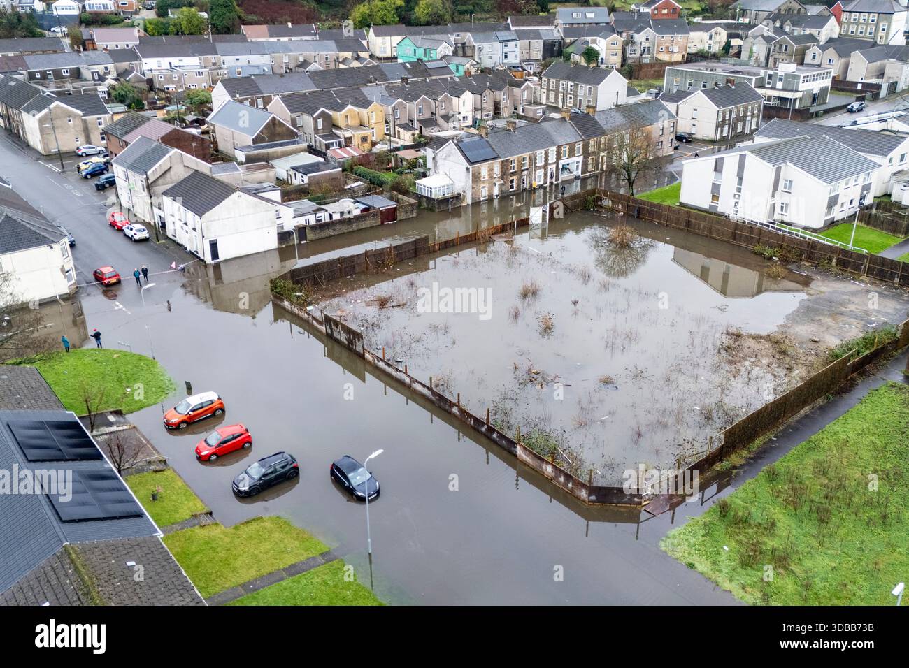 Flood water on Hunter Street in Briton Ferry, Neath. An amber rain ...