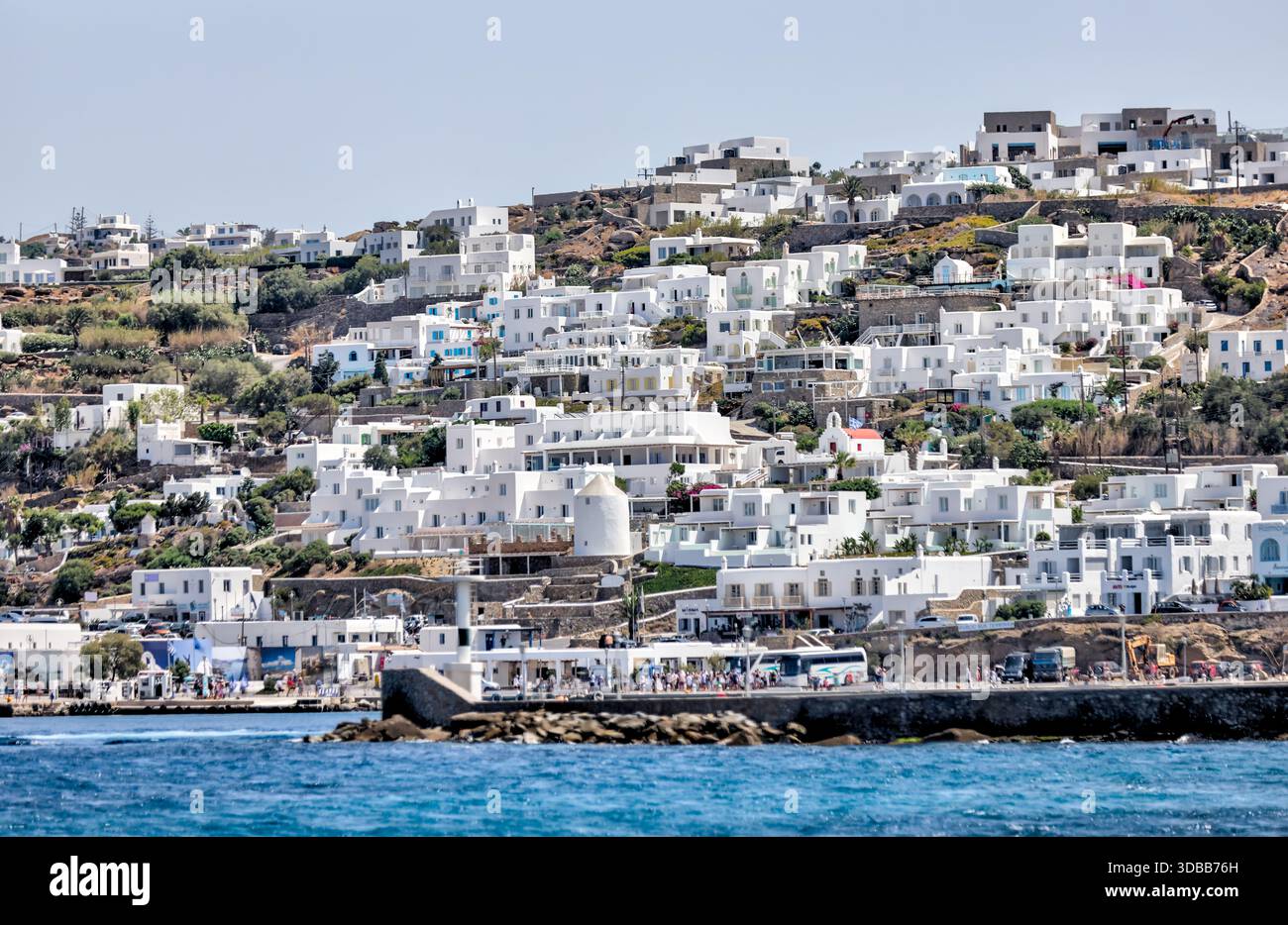 Whitewashed houses climbing the hillside in Mykonos Town, Cyclades ...
