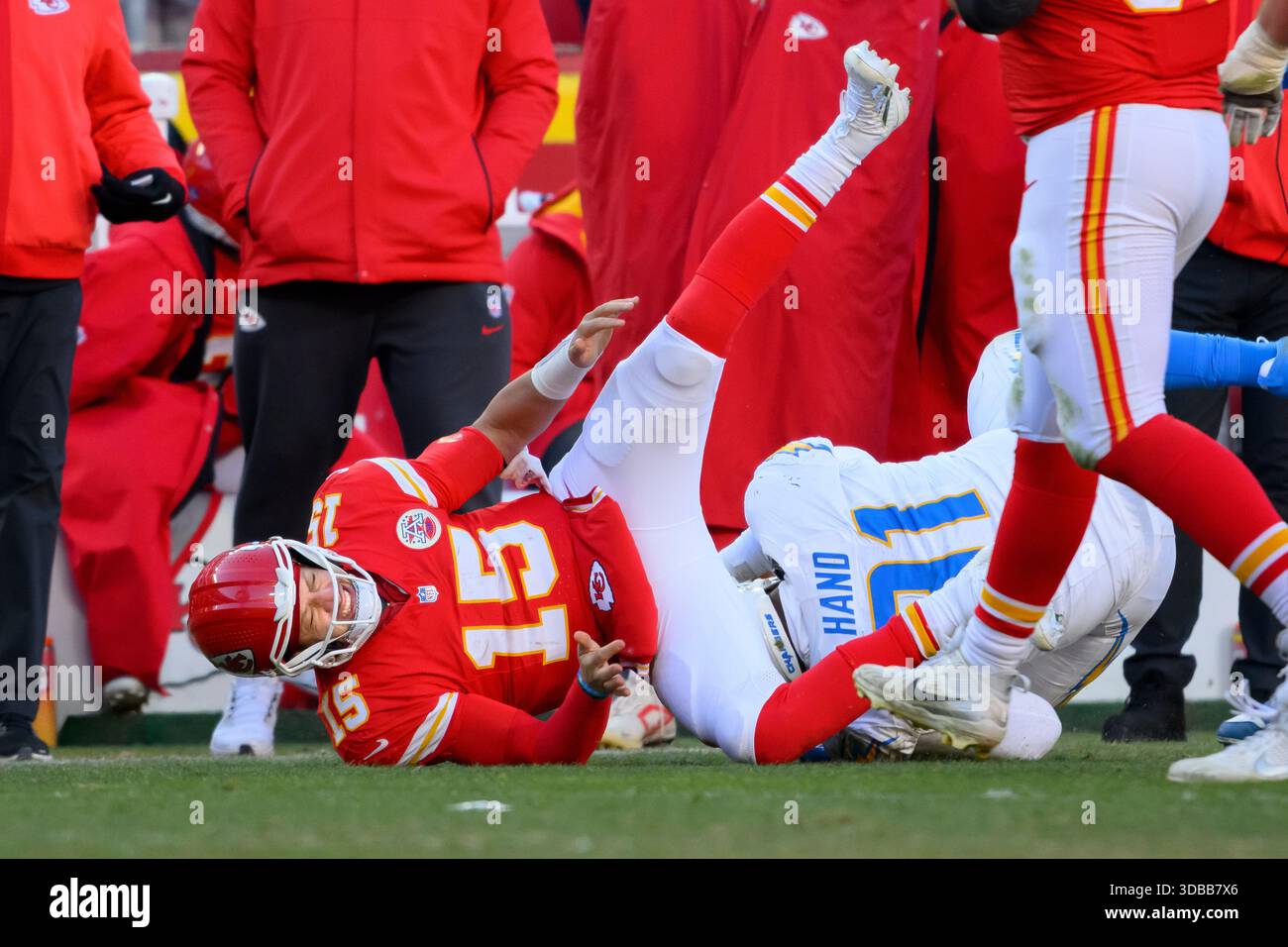 Kansas City Chiefs quarterback Patrick Mahomes (15) is injured while ...