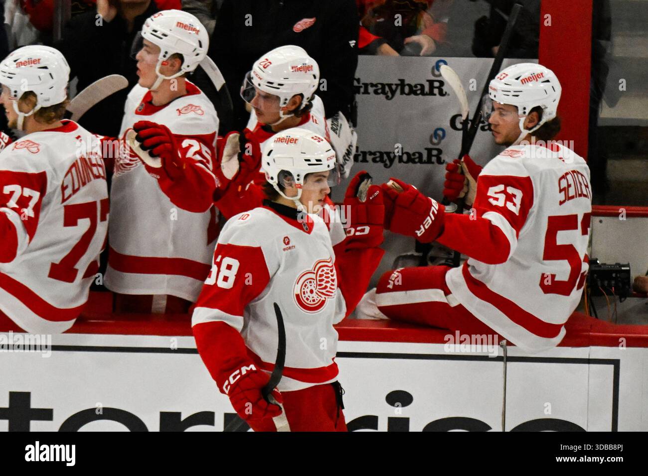 Detroit Red Wings center Emmitt Finnie (58) celebrates with teammates ...