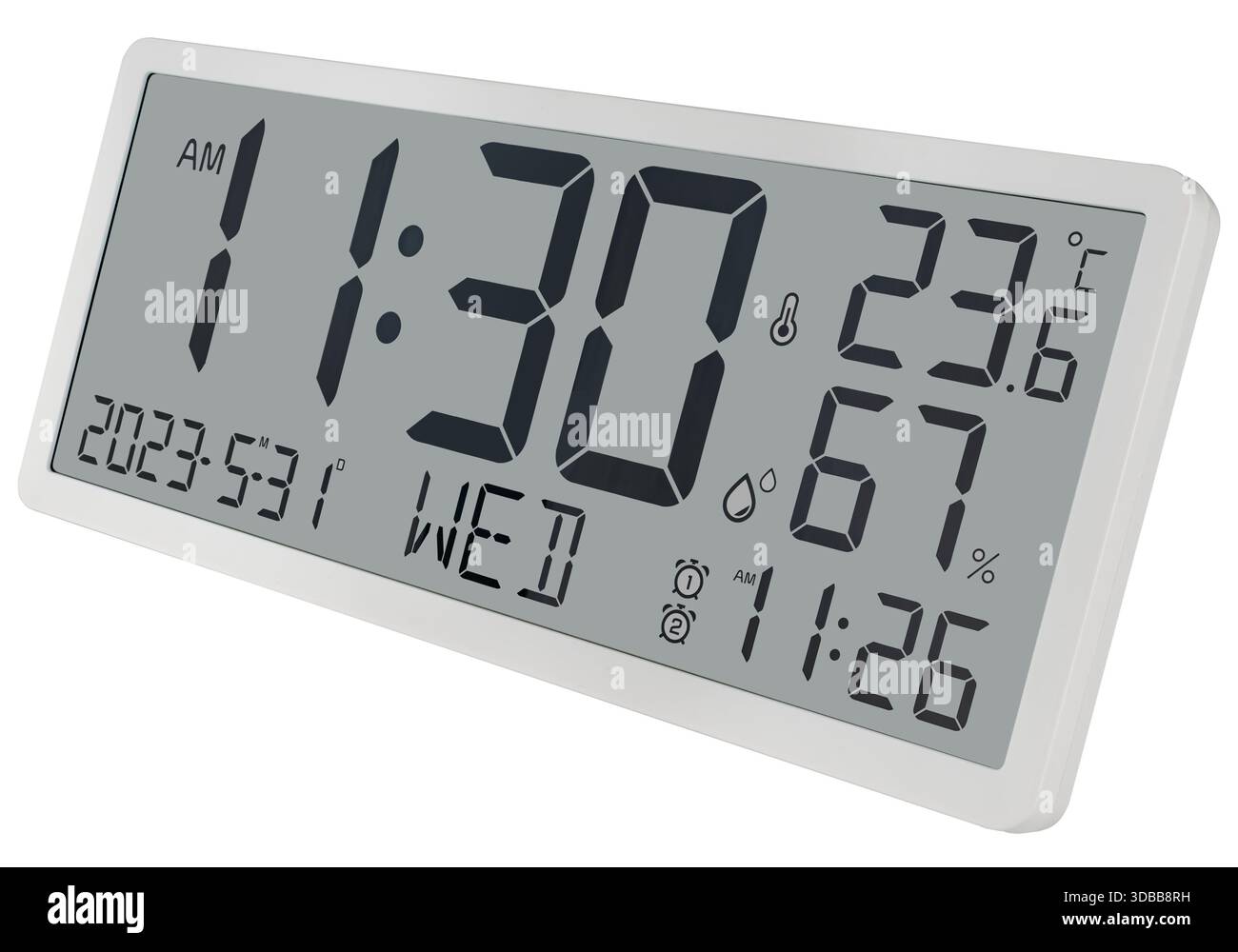 Stylish electronic clock with a mirrored surface, showing the time ...