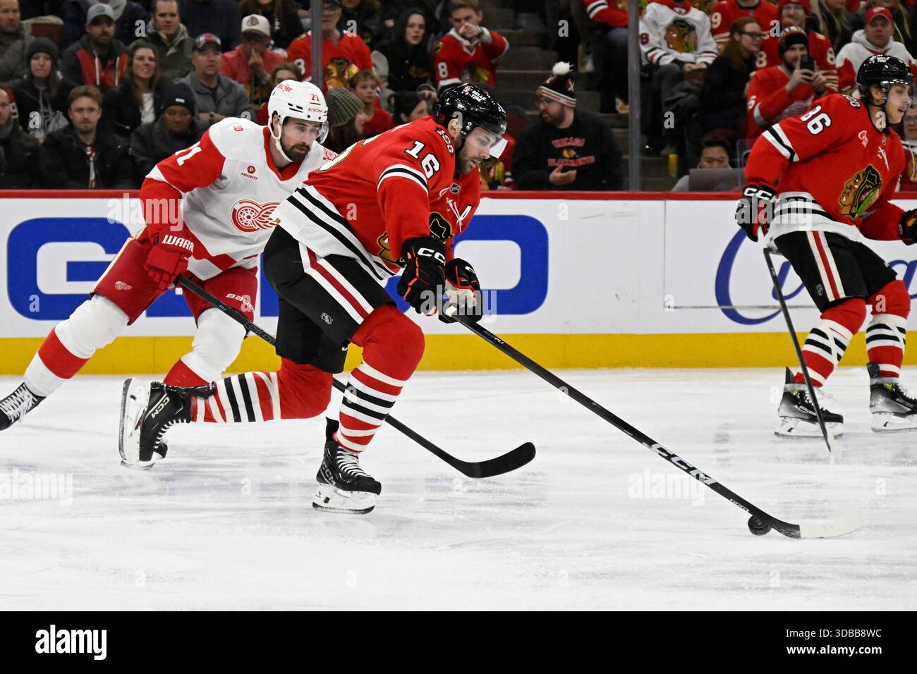 Chicago Blackhawks center Jason Dickinson (16) moves the puck past ...