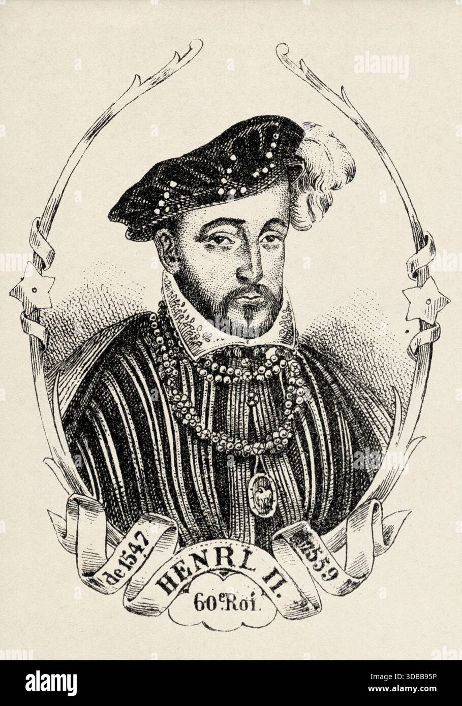 Portrait of Henry II (1519-1559) King of France. Ancient illustration ...