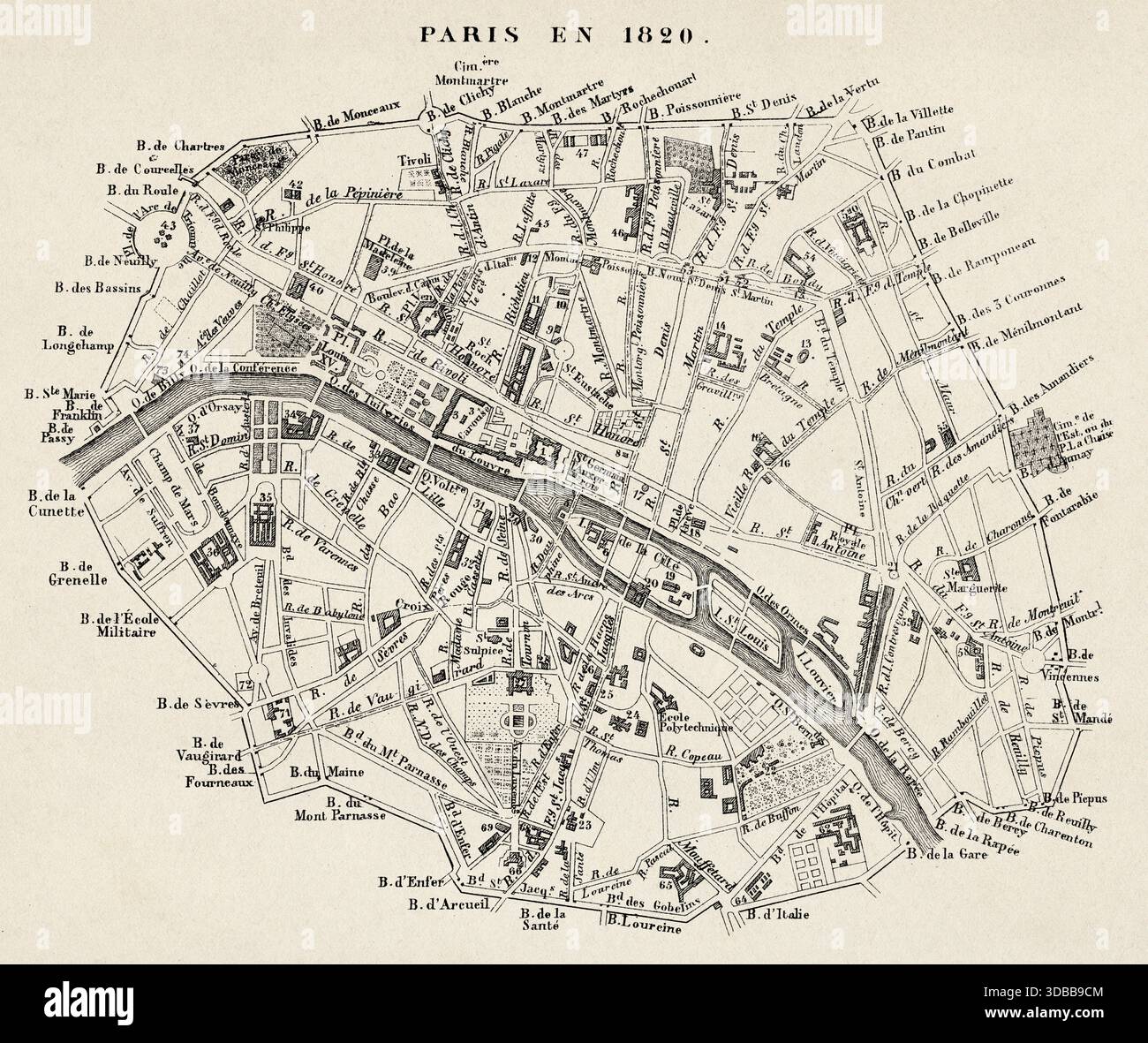 Old Map of Paris city in 1820, France. Ancient illustration by Emile ...