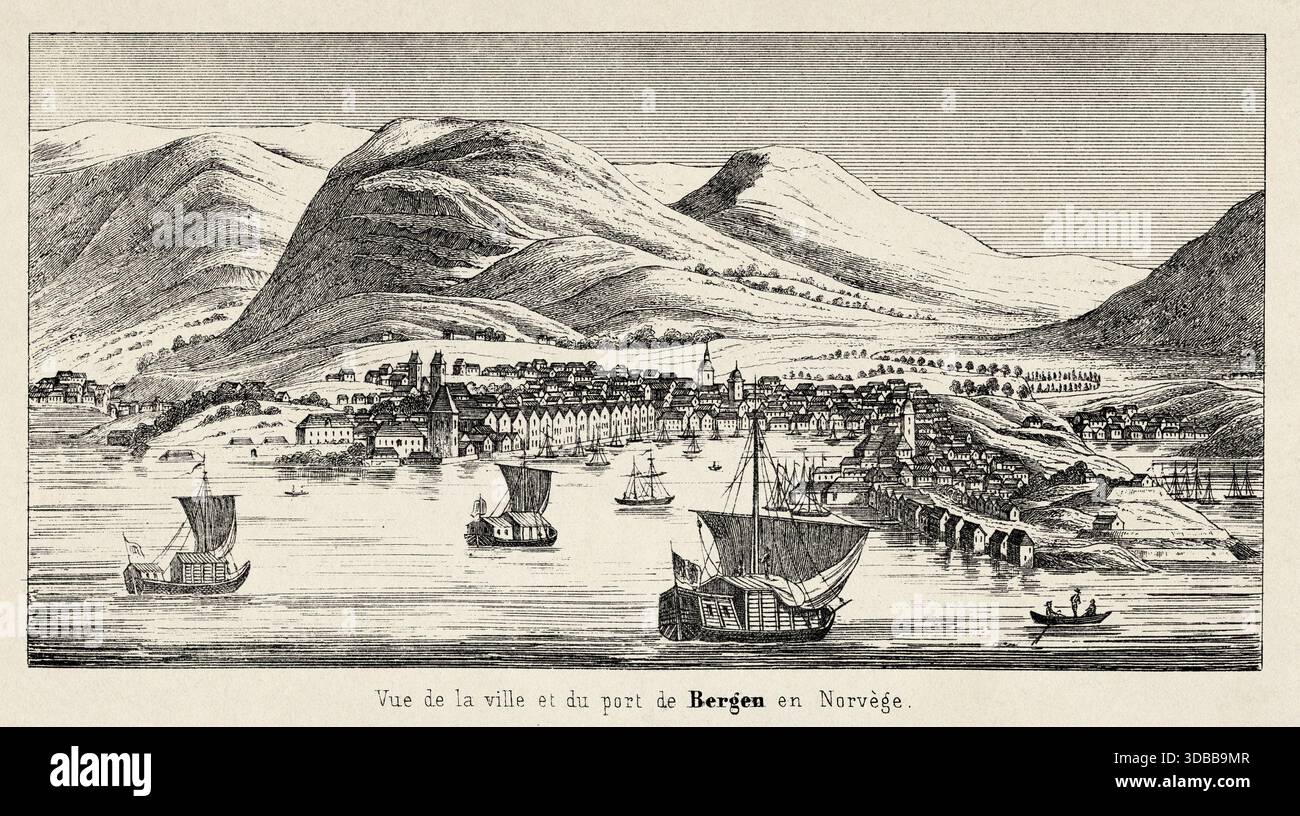 View of the city and harbor of Bergen in Norway. Ancient illustration ...