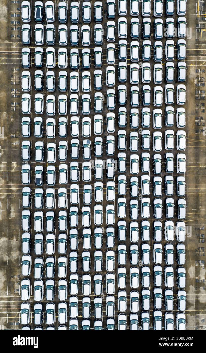 Aerial view of orderly rows of white cars, a stark contrast against the ...