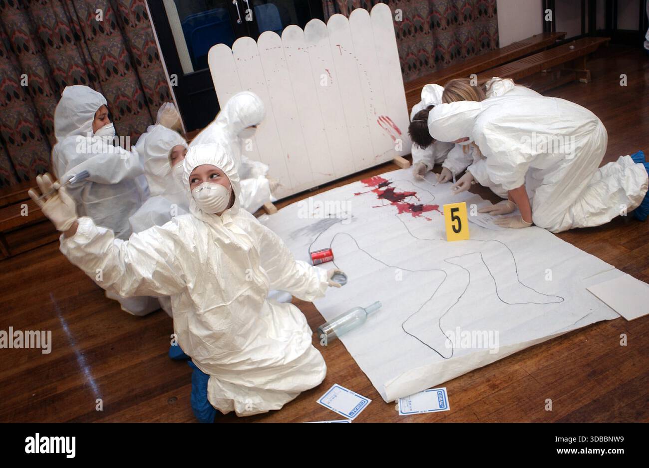 School students collecting evidence from a 'murder' scene as they learn ...