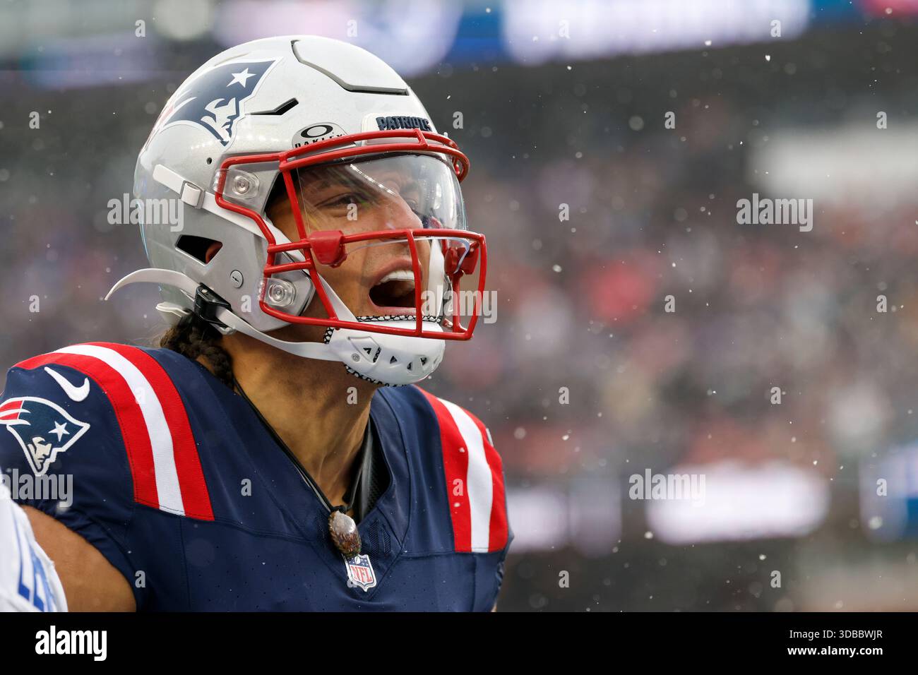 New England Patriots wide receiver Mack Hollins (13) reacts during the ...