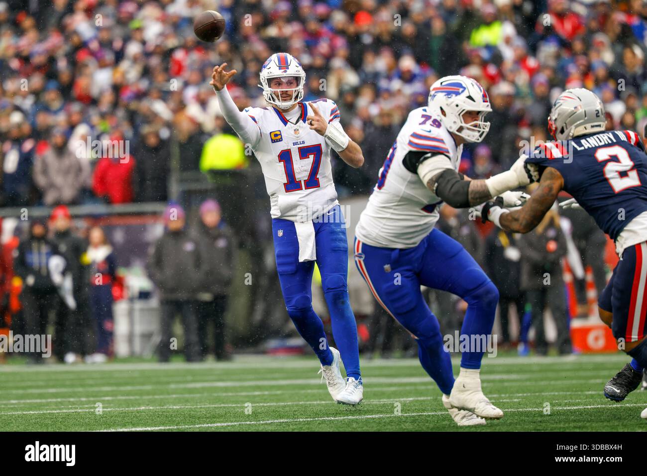 Buffalo Bills quarterback Josh Allen (17) makes a pass during the first ...