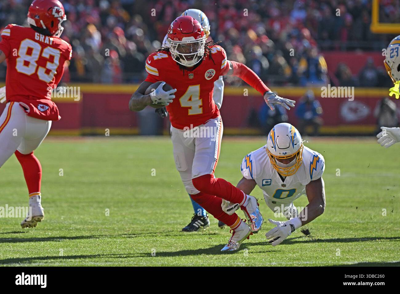 Kansas City Chiefs wide receiver Rashee Rice (4) runs past Los Angeles ...