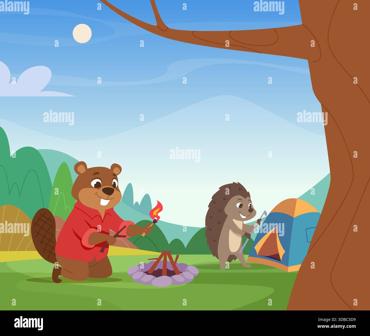 Camping animals. wild outdoor animals in forest have rest in camp place ...