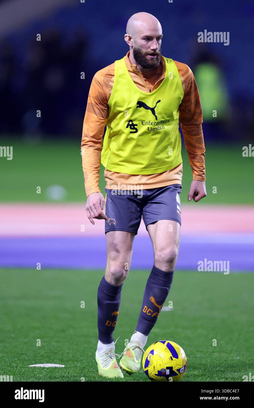 Derby County's Matthew Clarke warms up during the Sky Bet Championship ...