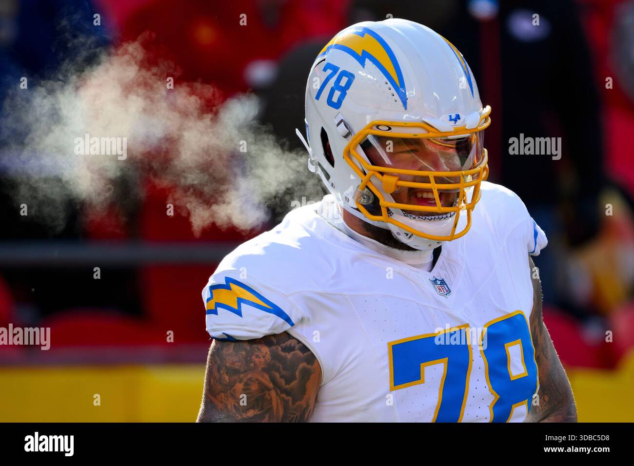 Los Angeles Chargers center Andre James goes through drills during ...