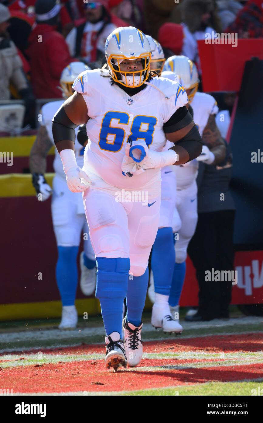 Los Angeles Chargers guard Jamaree Salyer comes onto the field during ...