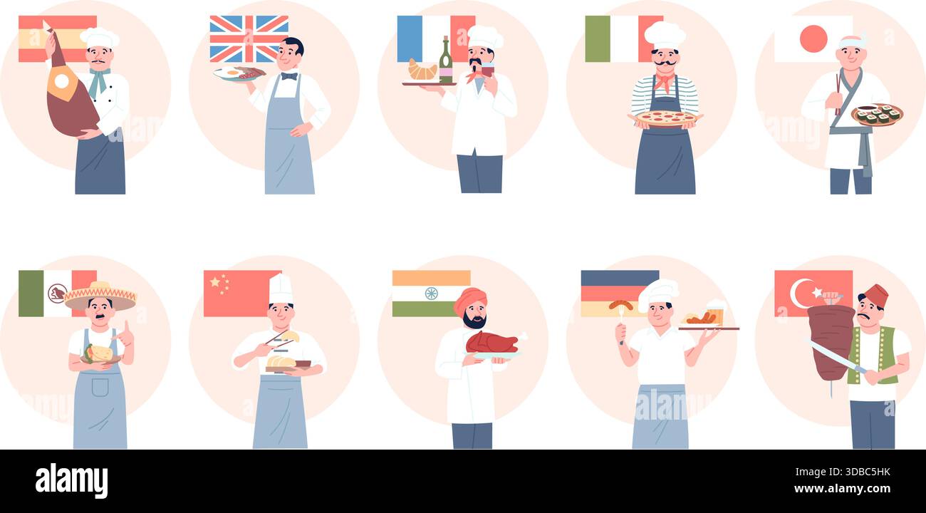 Different country chefs. Chef presents traditional cuisine dishes ...