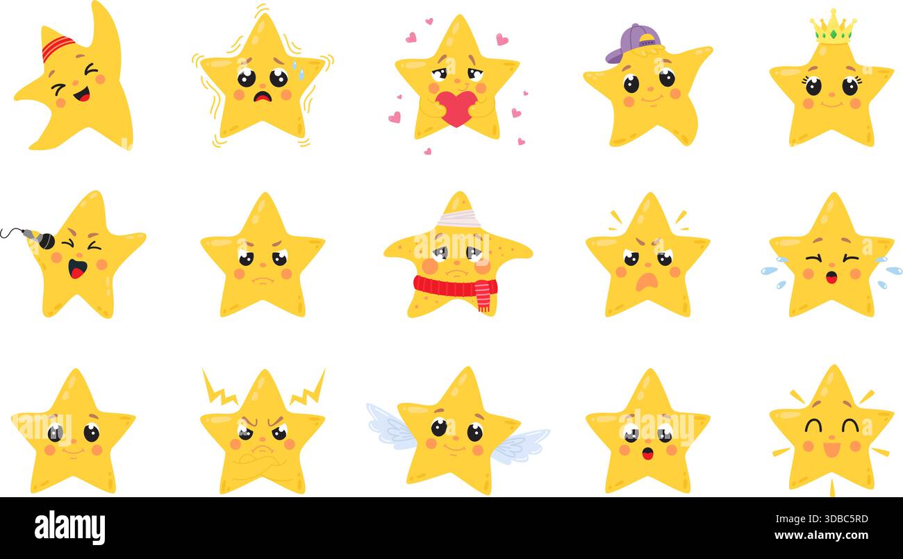 Cartoon emotional stars. Funny star various poses. Childish emoticon ...