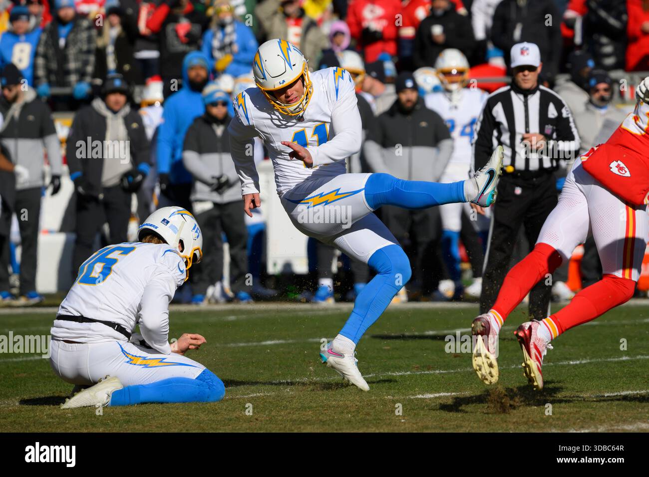Los Angeles Chargers place kicker Cameron Dicker (11) follows through ...