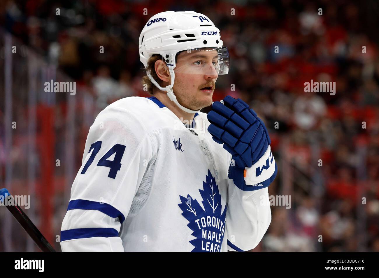 Toronto Maple Leafs' Bobby McMann (74) waits for a face-off against the ...