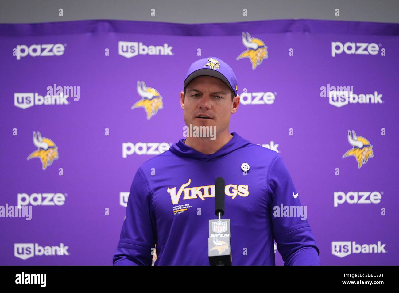 Minnesota Vikings head coach Kevin O'Connell talks to reporters during ...