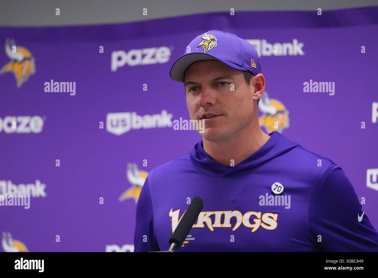 Minnesota Vikings head coach Kevin O'Connell talks to reporters during ...