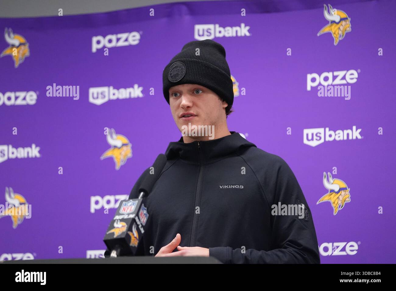 Minnesota Vikings quarterback J.J. McCarthy (9) talks to reporters ...