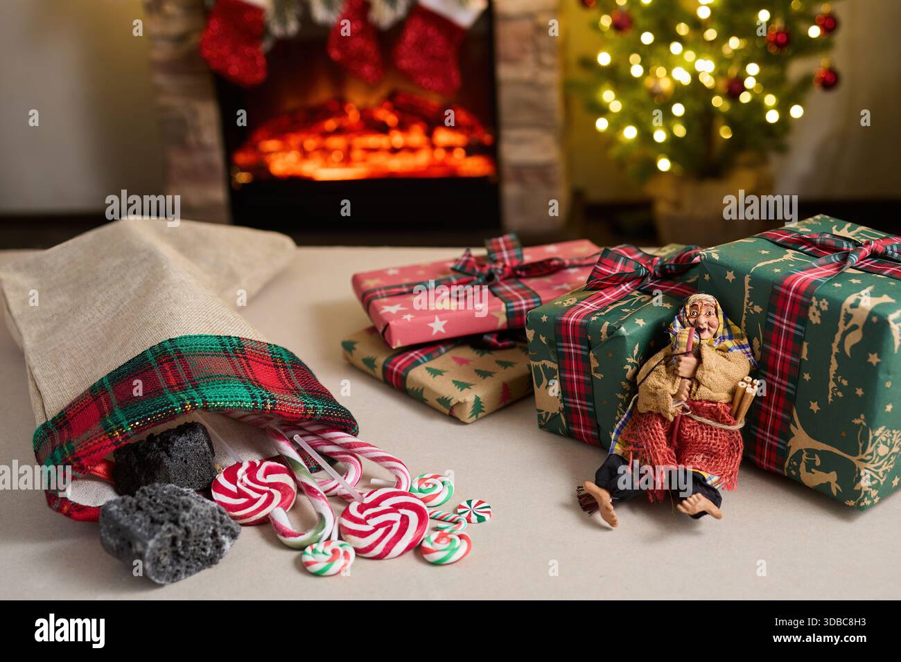 La Befana and Epiphany Italian Tradition with Fireplace, Candy and ...