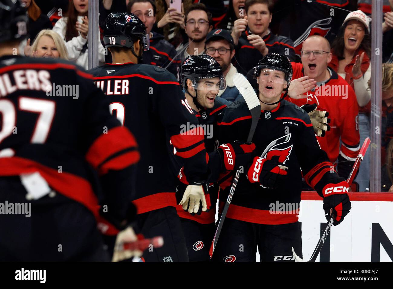 Carolina Hurricanes' Jackson Blake (53) celebrates a goal against the ...