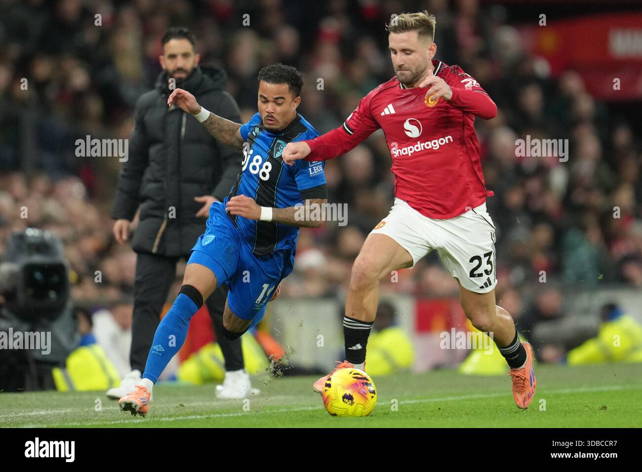 Bournemouth's Justin Kluivert, left, and Manchester United's Luke Shaw ...