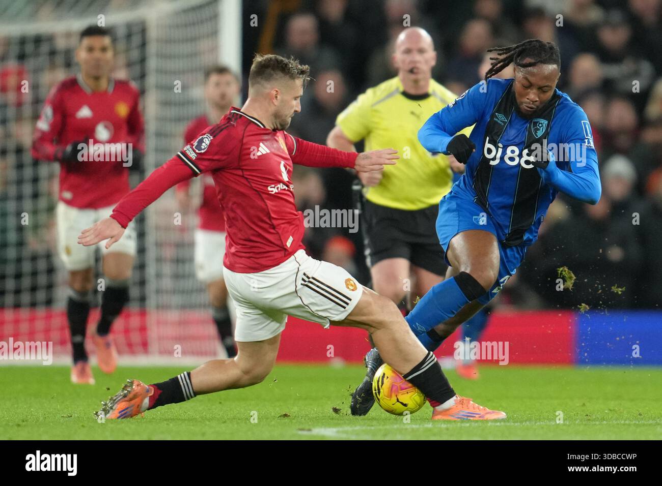 Manchester United's Luke Shaw tackles Bournemouth's Antoine Semenyo ...