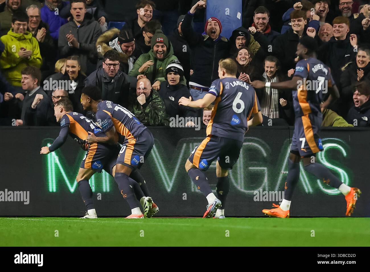 Derby celebrate their second goal during the Sky Bet Championship match ...