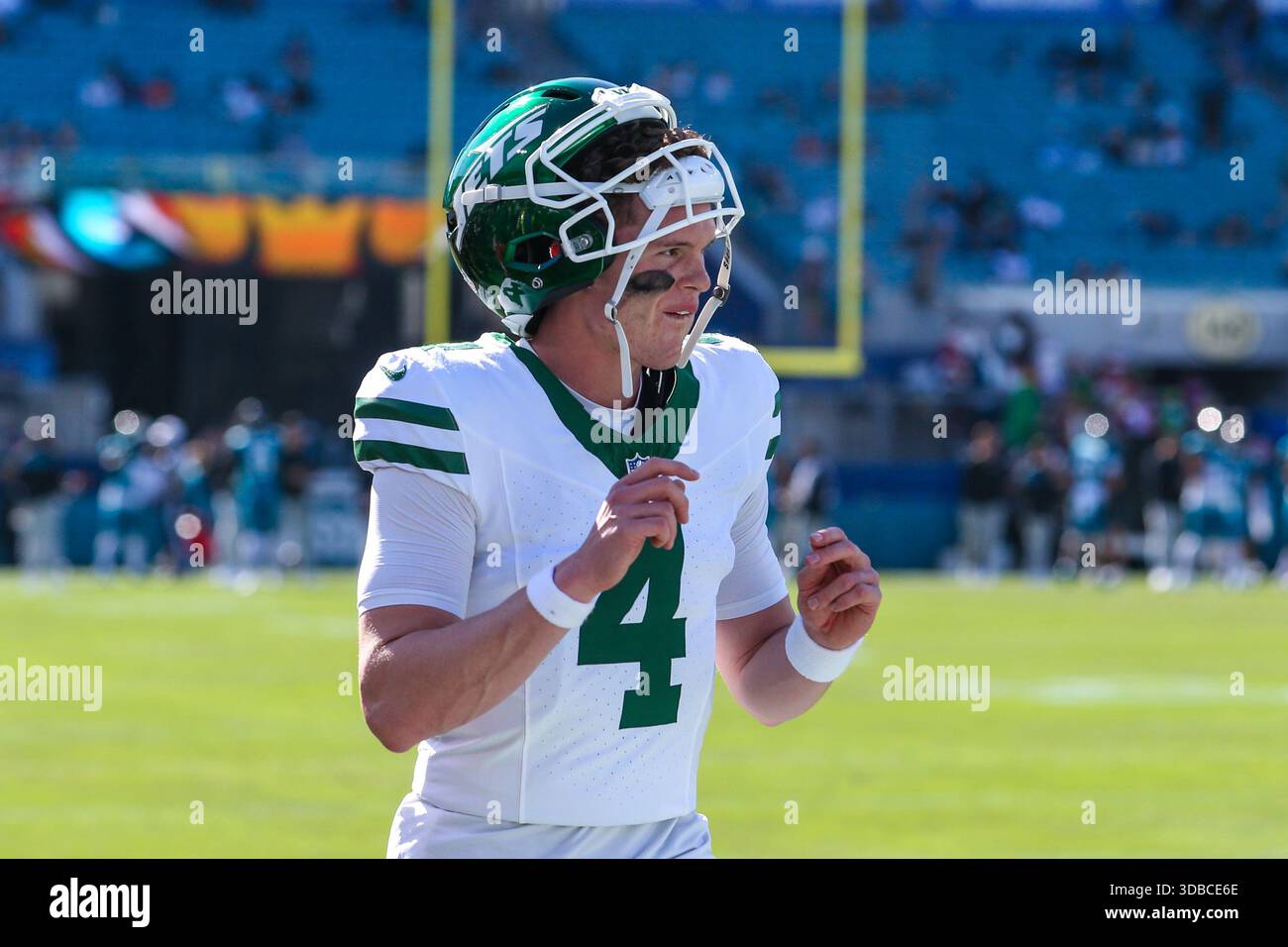 New York Jets quarterback Brady Cook (4) leaves the field after warm ...