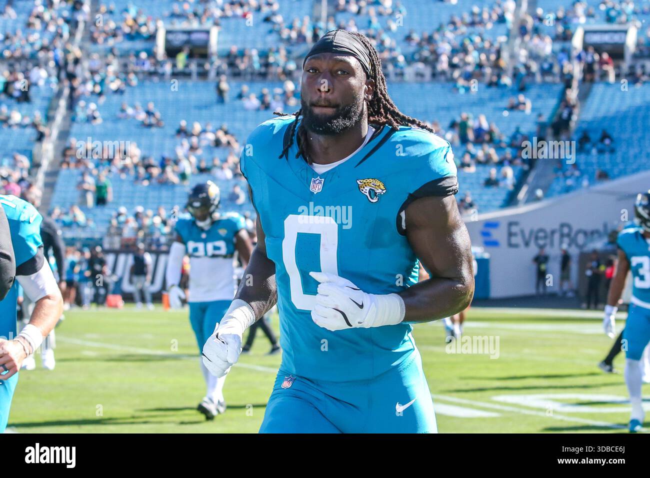 Jacksonville Jaguars linebacker Devin Lloyd (0) leaves the field after ...