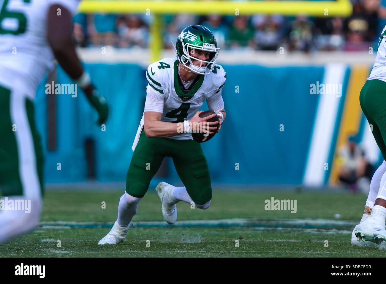 New York Jets quarterback Brady Cook (4) runs the ball during an NFL ...