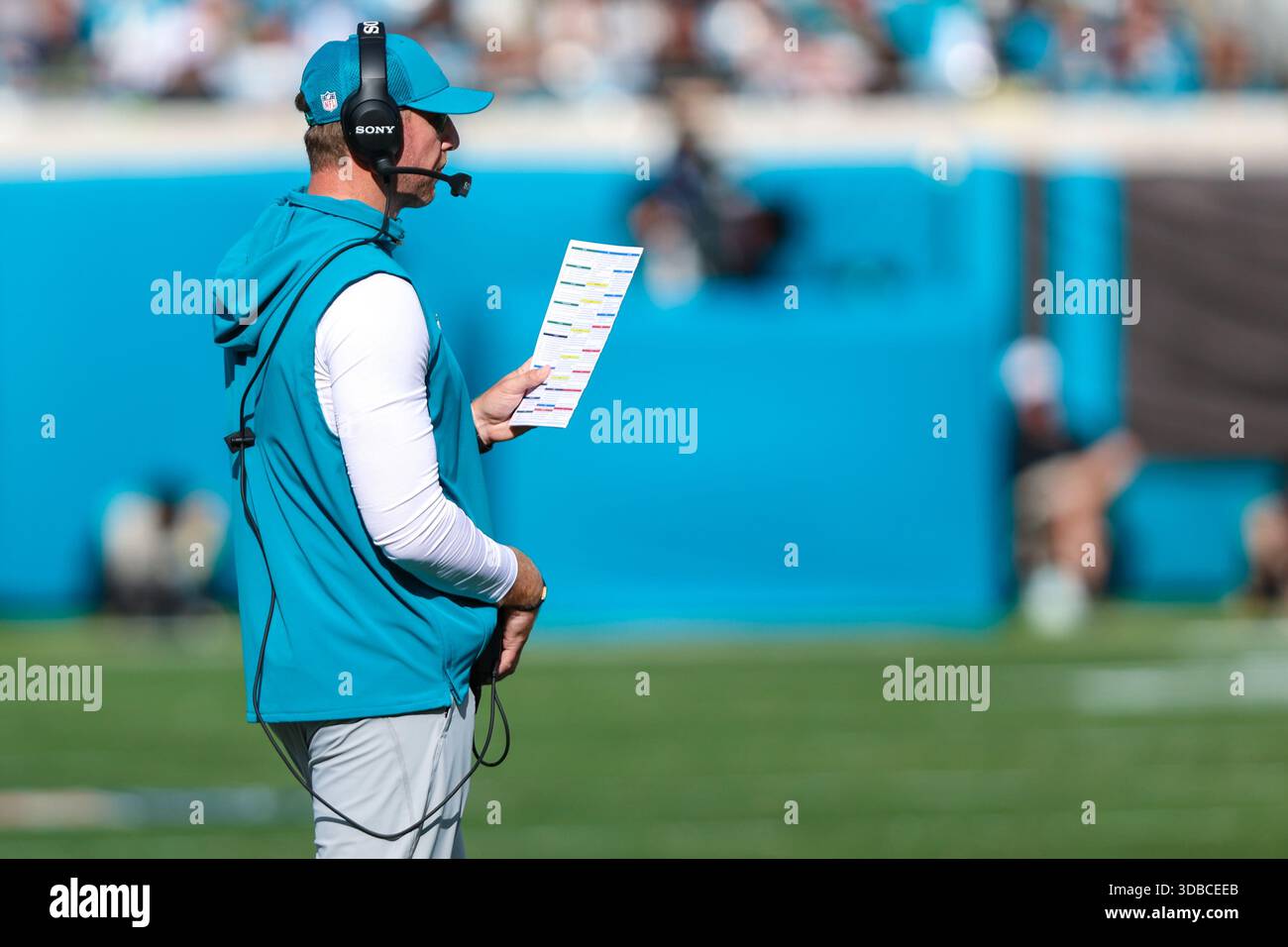 Jacksonville Jaguars head coach Liam Coen walks the sideline during an ...