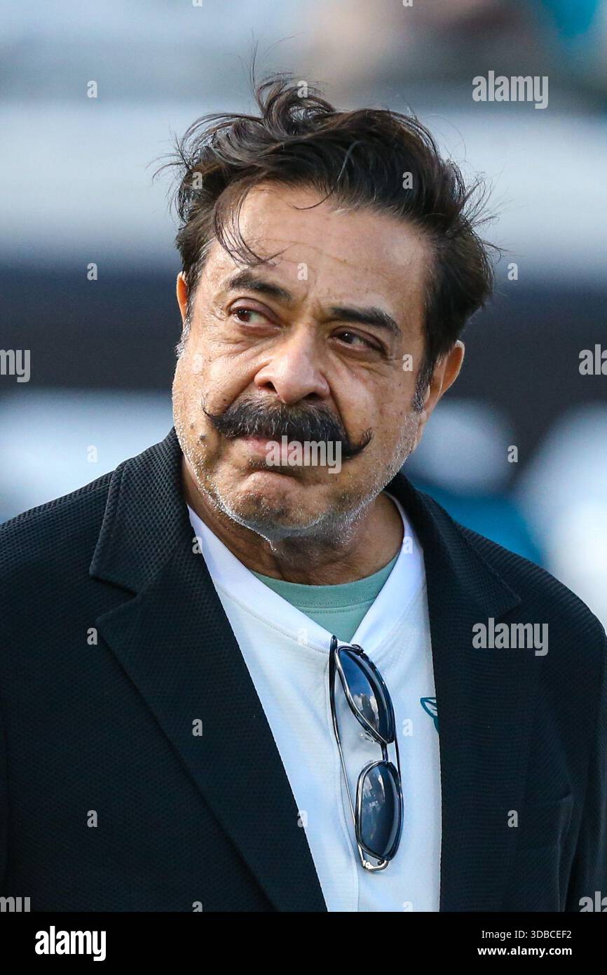 Jacksonville Jaguars owner Shahid Khan watches a ceremony at halftime ...
