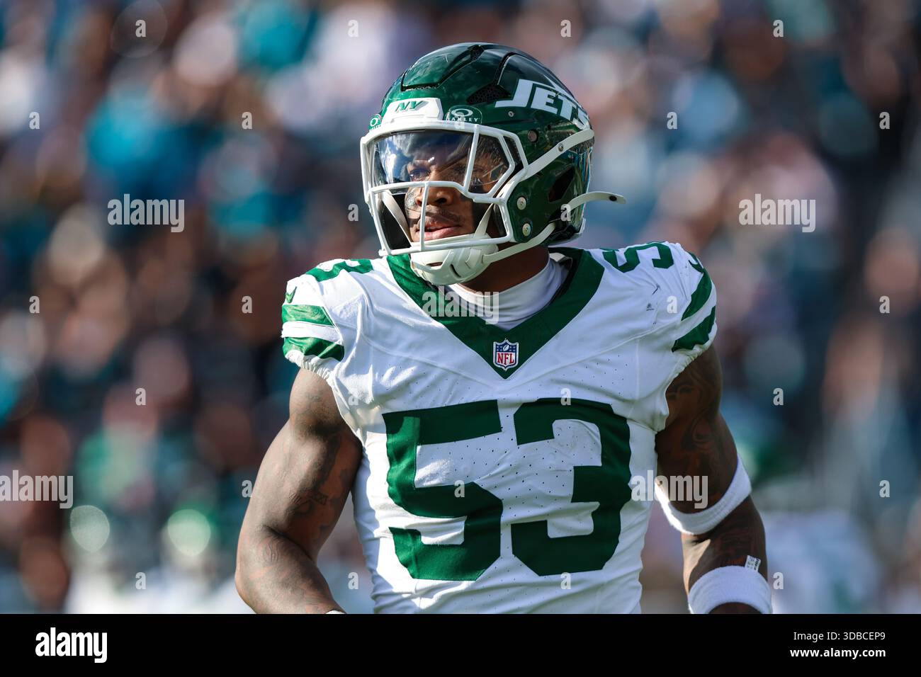 New York Jets linebacker Mykal Walker (53) leaves the field during an ...