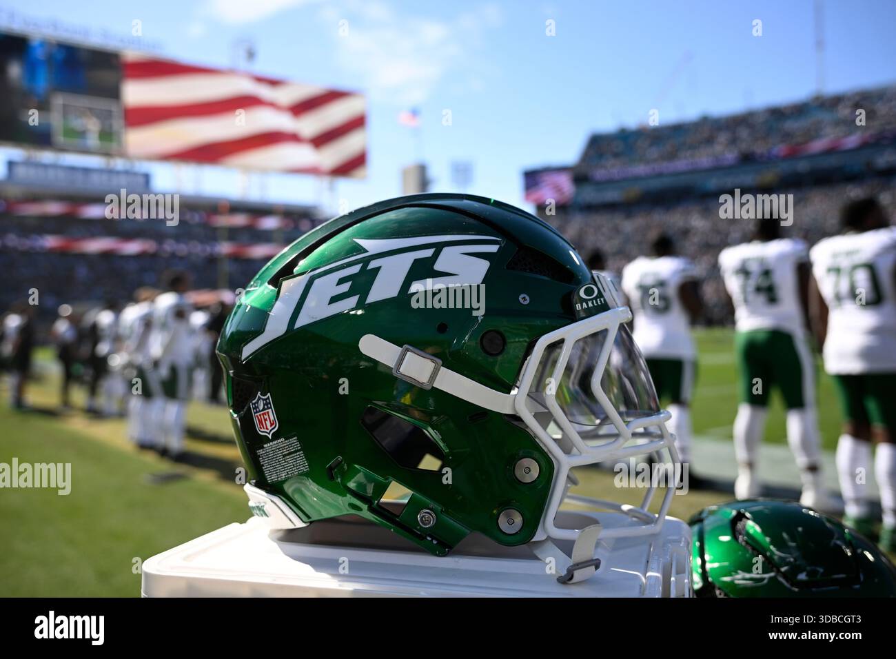 A New York Jets helmet is viewed on the sideline before an NFL football ...